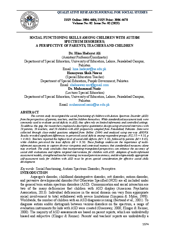 (PDF) SOCIAL FUNCTIONING SKILLS AMONG CHILDREN WITH AUTISM SPECTRUM ...