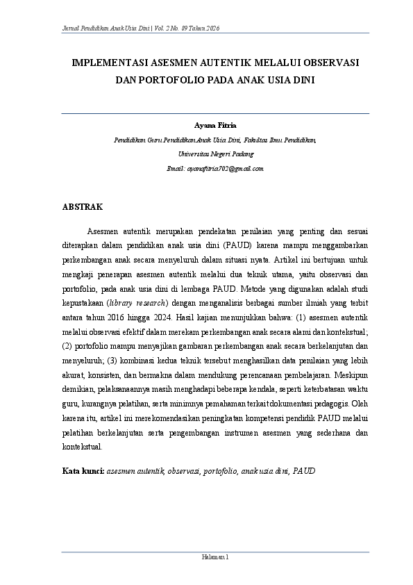 (PDF) IMPLEMENTASI ASESMEN AUTENTIK MELALUI OBSERVASI DAN PORTOFOLIO ...