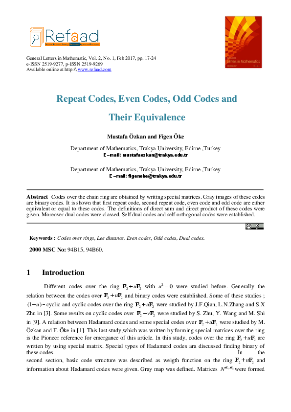 (PDF) Repeat Codes, Even Codes, Odd Codes and Their Equivalence