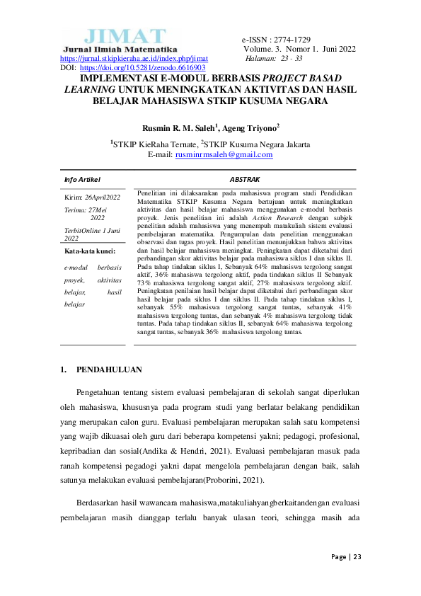 (PDF) Implementasi E-Modul Berbasis Project Based Learning Untuk ...
