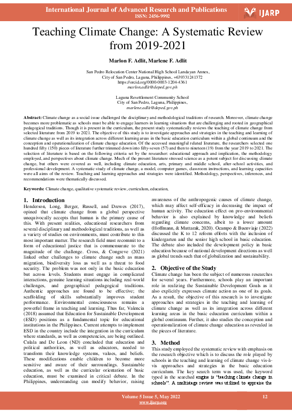 (PDF) Teaching Climate Change: A Systematic Review from 2019-2021