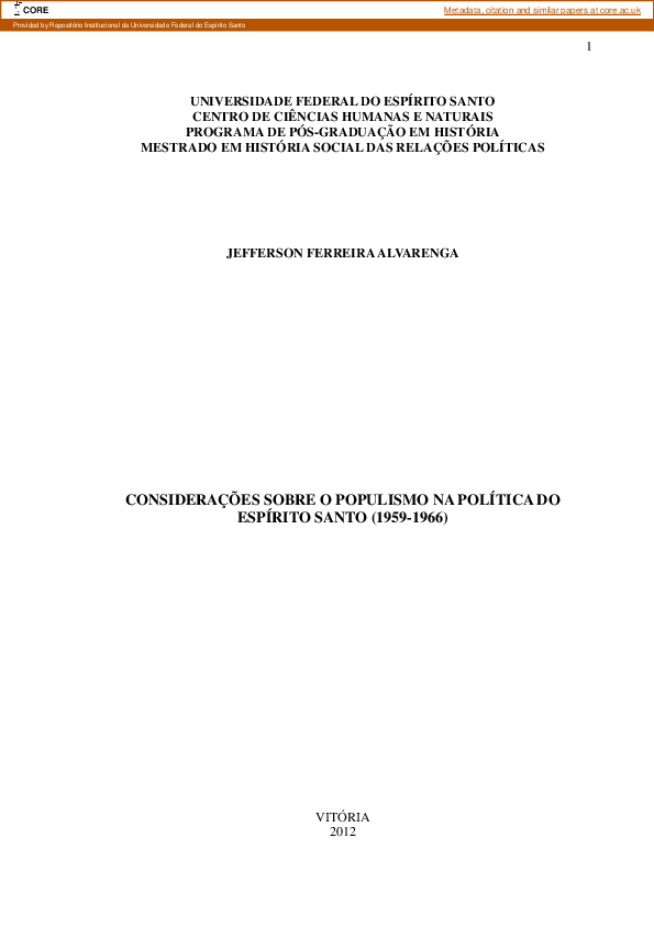 (PDF) Considerações Sobre o Populismo na Política do Espírito Santo ...