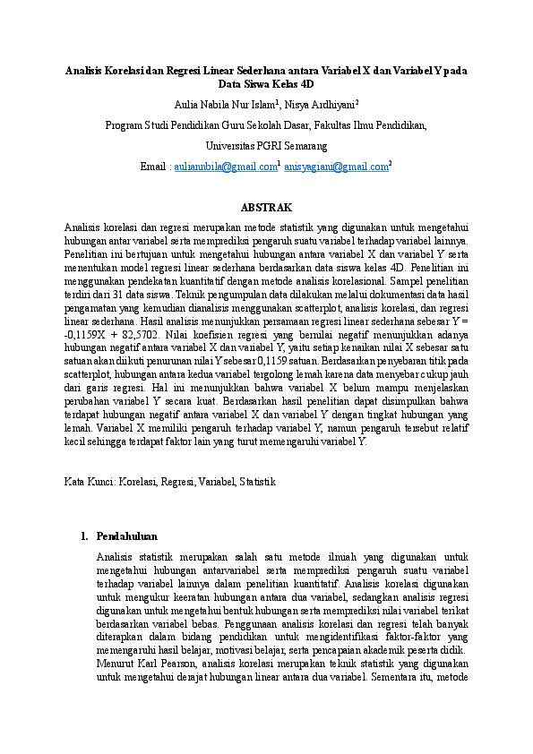 (PDF) Analisis Korelasi dan Regresi Linear Sederhana antara Variabel X ...