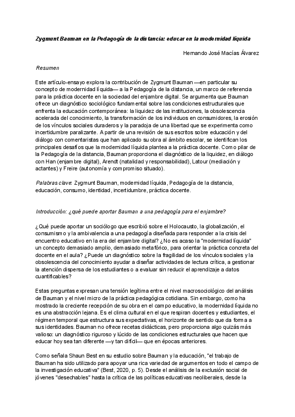 (PDF) Zygmunt Bauman en la Pedagogía de la distancia: educar en la ...