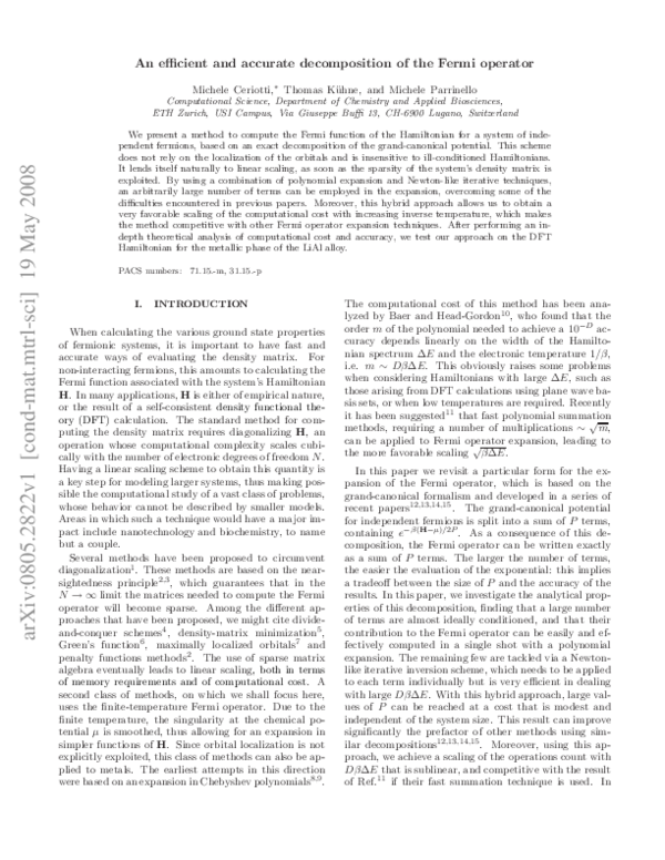 Pdf An Efficient And Accurate Decomposition Of The Fermi Operator