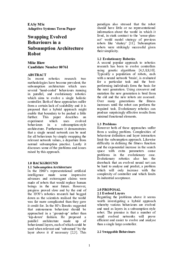 (PDF) Swapping Evolved Behaviours In a Subsumption Architecture Robot