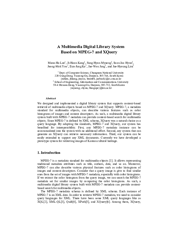 (PDF) A Multimedia Digital Library System Based on MPEG-7 and XQuery