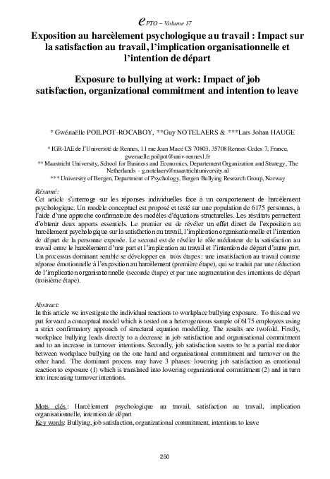 (PDF) Exposition au harcèlement psychologique au travail : Impact sur la satisfaction au travail ...