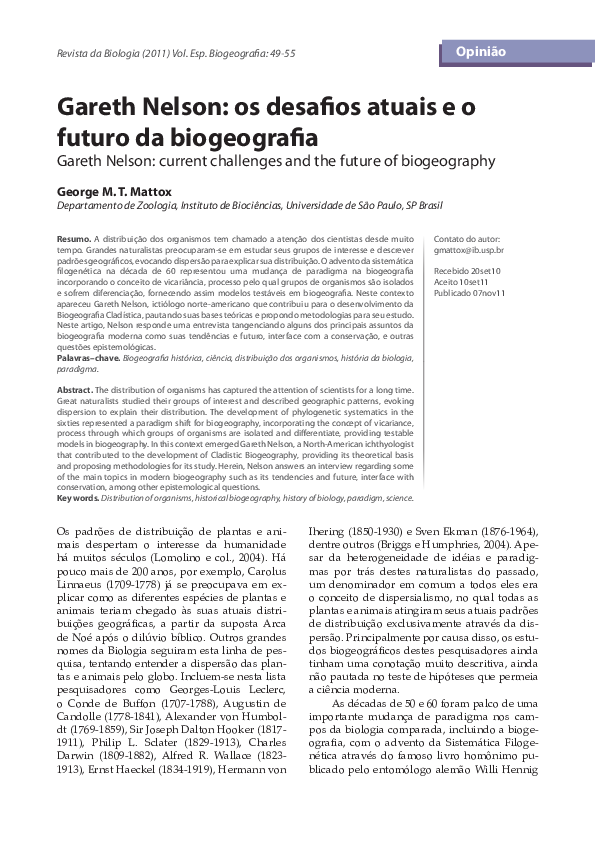 (PDF) GARETH NELSON: OS DESAFIOS ATUAIS E O FUTURO DA BIOGEOGRAFIA