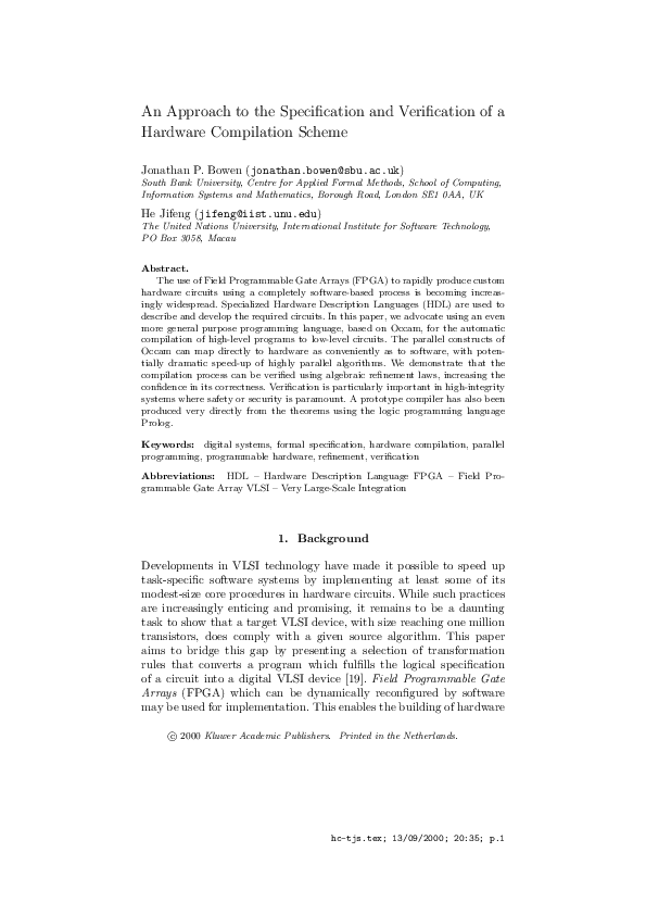 (PDF) An Approach to the Specification and Verification of a Hardware ...