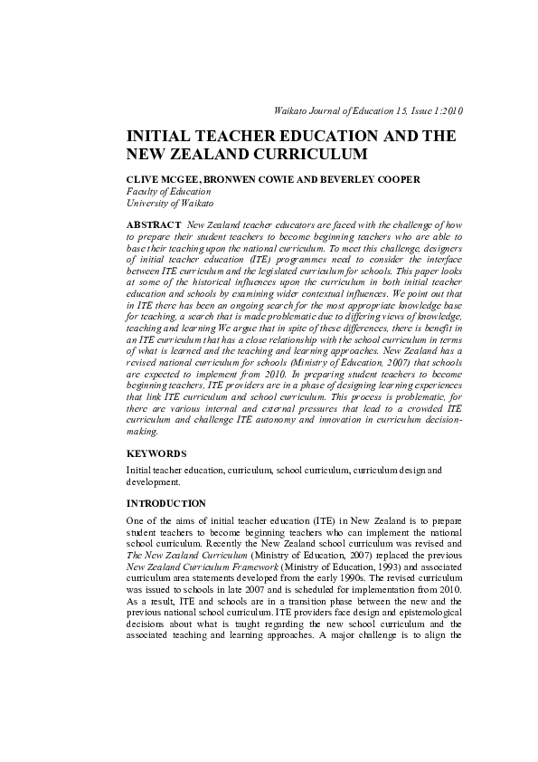 (PDF) Initial teacher education and the New Zealand curriculum