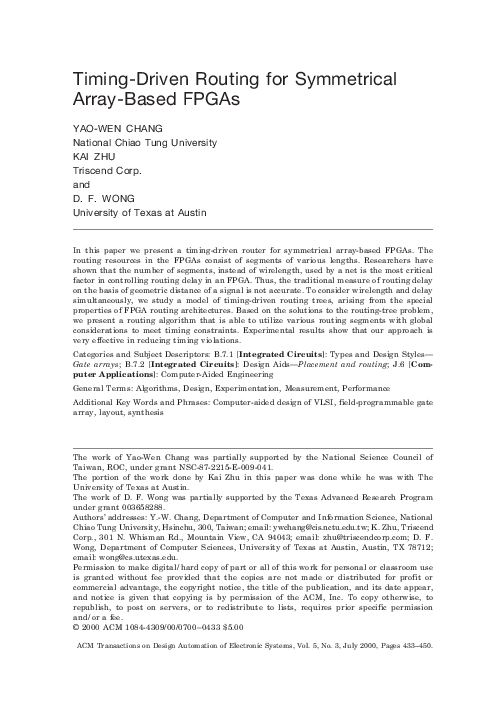 Pdf Timing Driven Routing For Symmetrical Array Based Fpgas