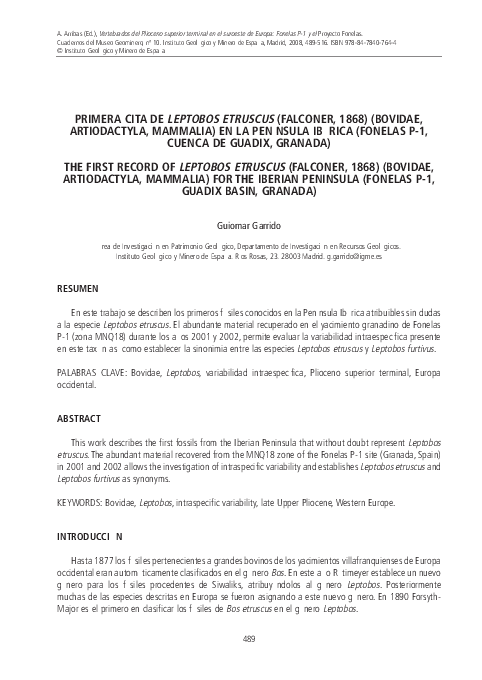 (PDF) PRIMERA CITA DE LEPTOBOS ETRUSCUS (FALCONER, 1868) (BOVIDAE ...