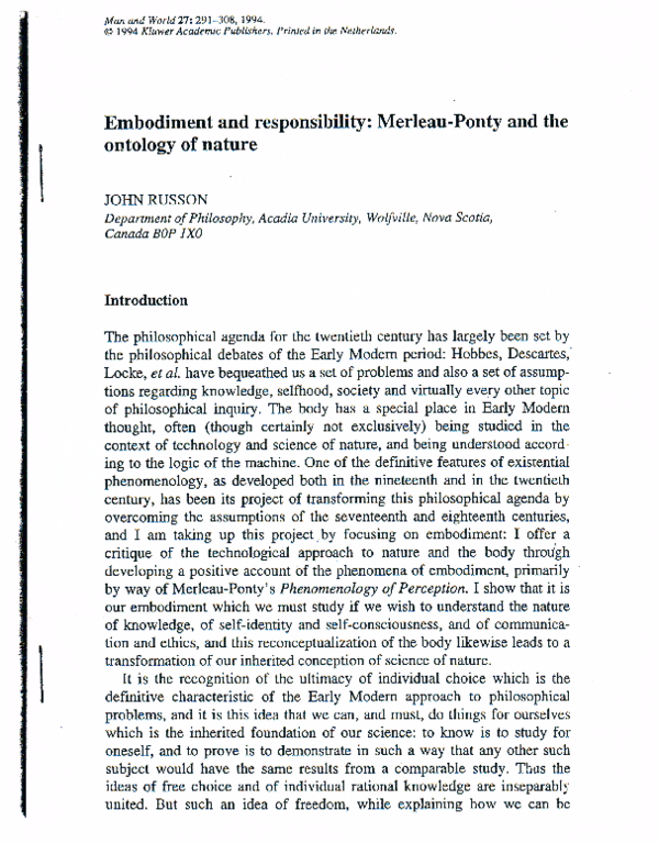 (PDF) Embodiment and Responsibility: Merleau-Ponty and the Ontology of ...