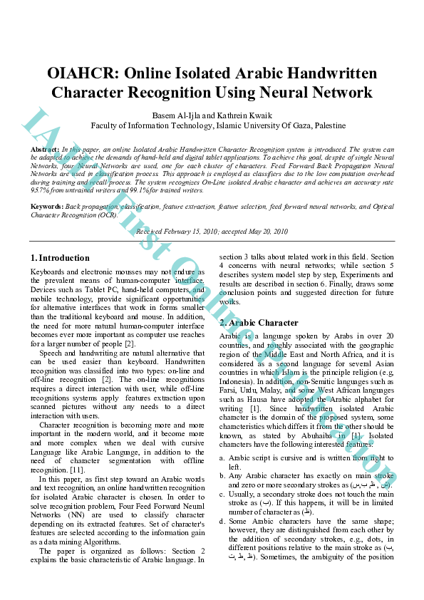 Pdf Oiahcr Online Isolated Arabic Handwritten Character Recognition