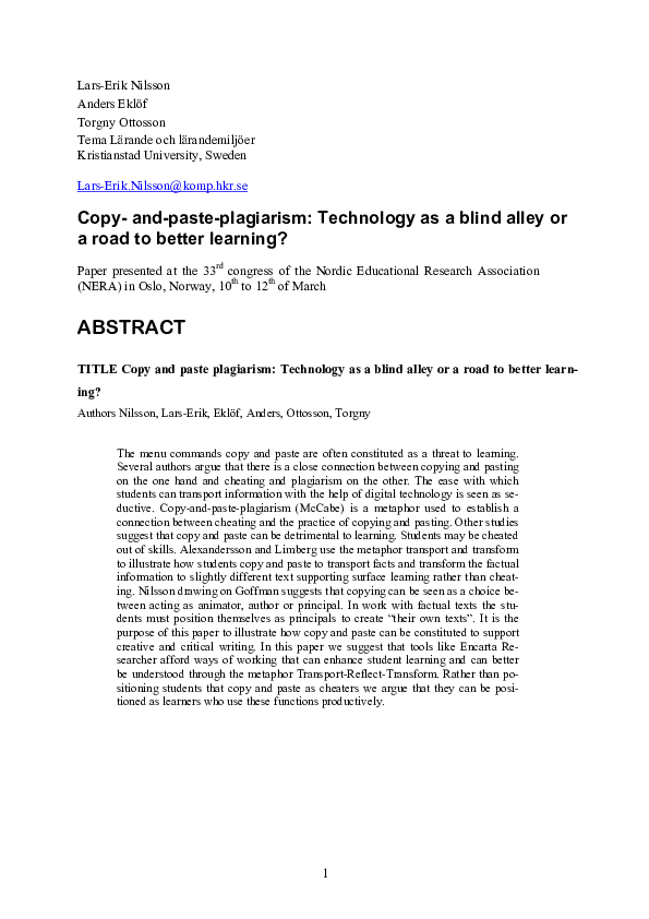 (PDF) Copy-and paste plagiarism. Technology as a blind alley or a road ...