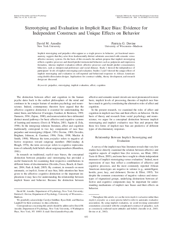 Pdf Stereotyping And Evaluation In Implicit Race Bias Evidence For Independent Constructs And