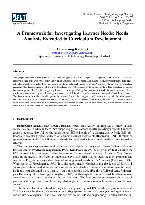 (PDF) A Framework for Investigating Learner Needs: Needs Analysis Extended to Curriculum Development