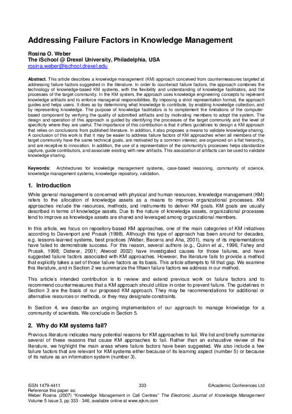 (PDF) Addressing failure factors in knowledge management