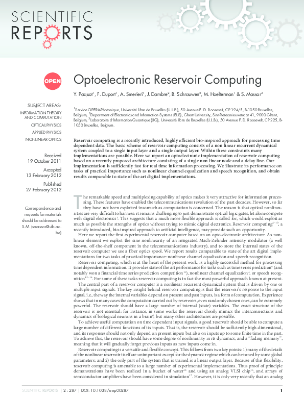 (PDF) Optoelectronic Reservoir Computing