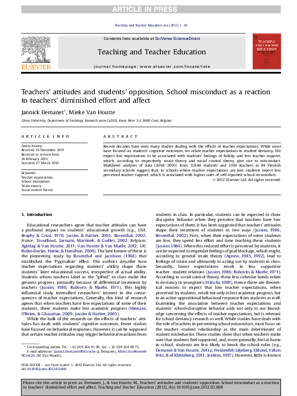 (PDF) Teachers' attitudes and students' opposition. School misconduct ...