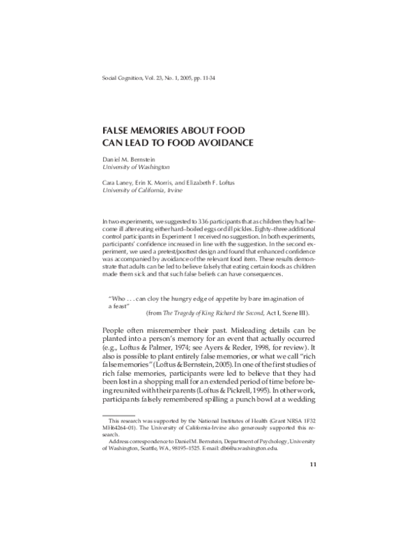 (PDF) Bernstein, D.M., Laney, C., Morris, E.K., & Loftus, E.F. (2005 ...
