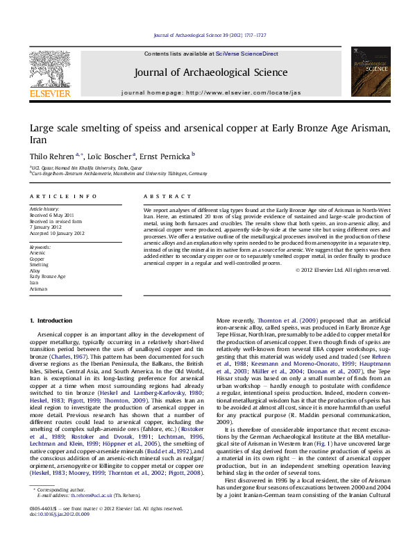 (PDF) Large scale smelting of speiss and arsenical copper at Early ...