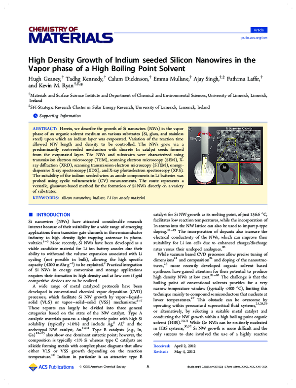 (PDF) High Density Growth of Indium seeded Silicon Nanowires in the ...