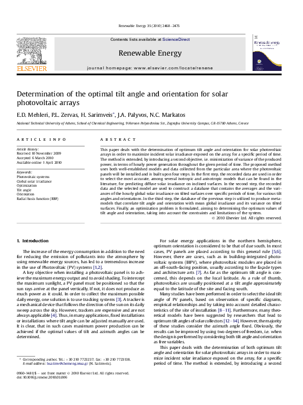 (PDF) Determination of the optimal tilt angle and orientation for solar photovoltaic arrays