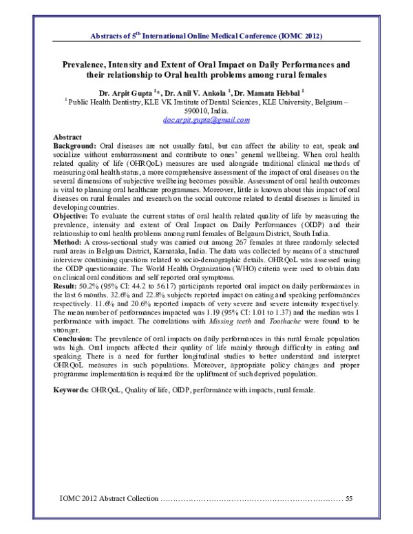 (PDF) Prevalence, Intensity and Extent of Oral Impact on Daily ... (PDF) Prevalence, Intensity and Extent of Oral Impact on Daily ...