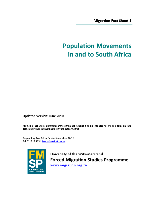 (PDF) Migration Fact Sheet 1: Population Movements in and to South Africa