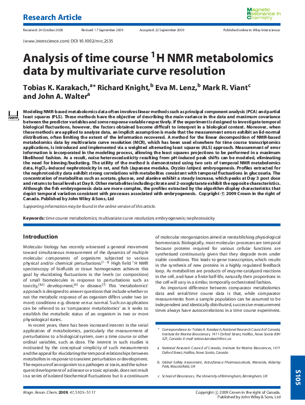 (PDF) Analysis of Time Course 1H NMR Metabolomics Data by Multivariate Curve Resolution