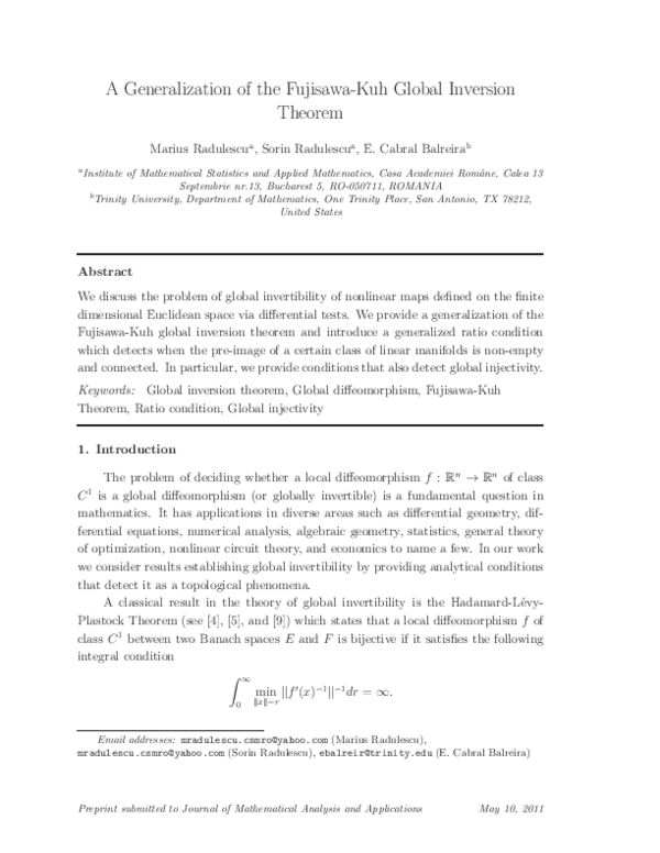 (PDF) A generalization of the Fujisawa-Kuh global inversion theorem