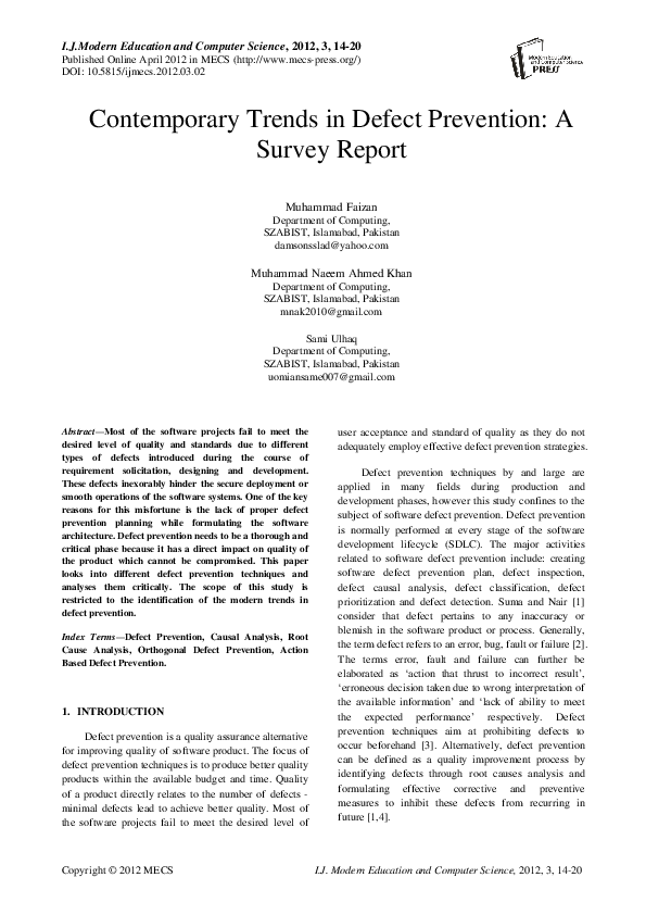 (PDF) Contemporary Trends in Defect Prevention: A Survey Report