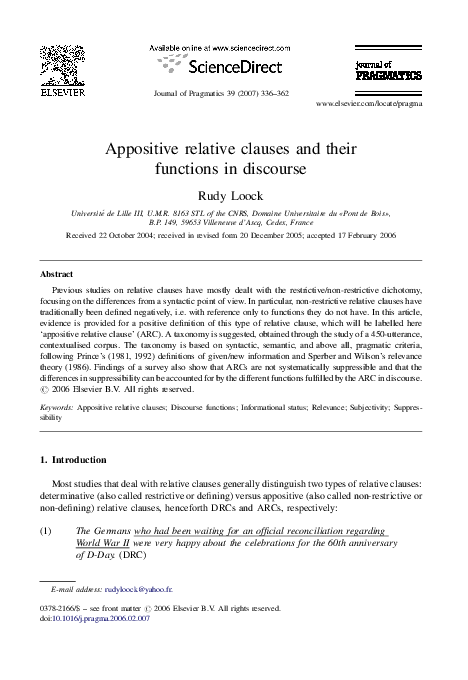 (PDF) Appositive relative clauses and their functions in discourse
