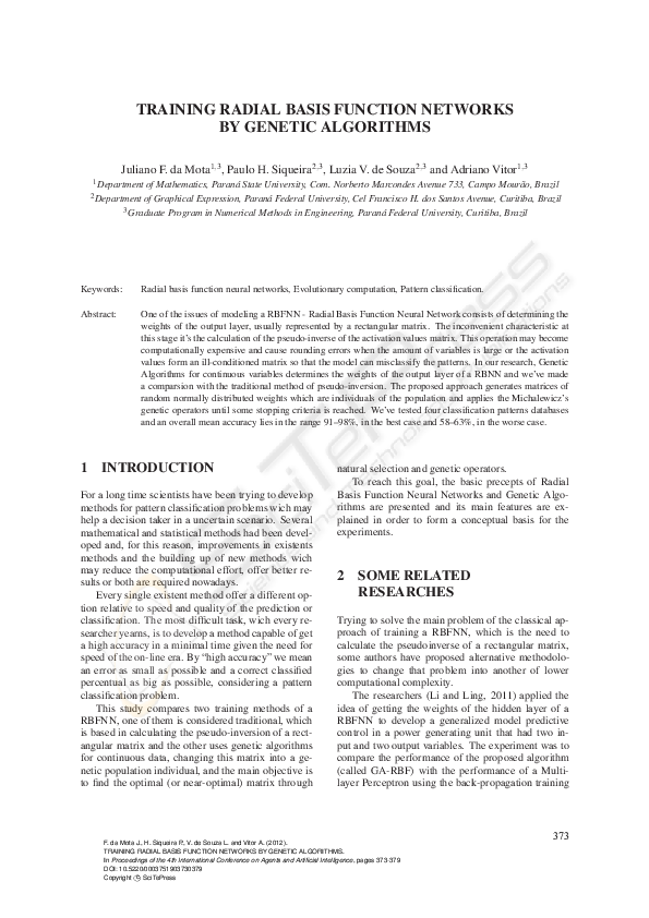 (PDF) TRAINING RADIAL BASIS FUNCTION NETWORKS BY GENETIC ALGORITHMS