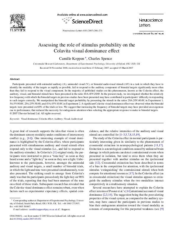 (PDF) Assessing the role of stimulus probability on the Colavita visual ...