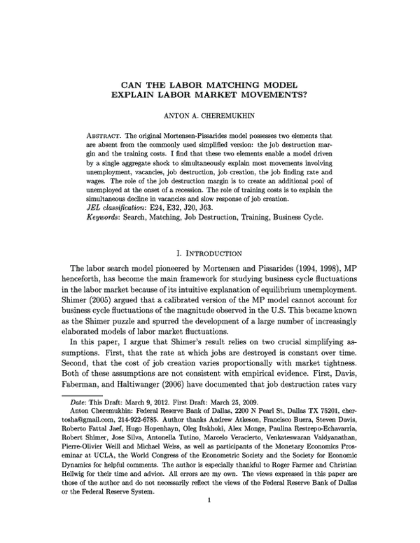 (PDF) CAN THE LABOR MATCHING MODEL EXPLAIN LABOR MARKET MOVEMENTS?