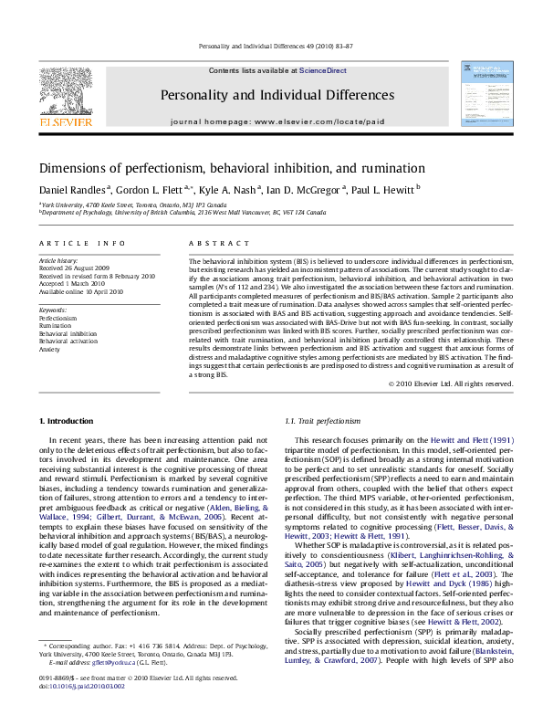 (PDF) Dimensions of Perfectionism, Behavioral Inhibition, and Rumination