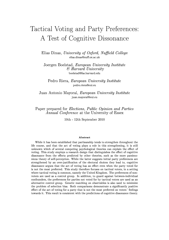 (PDF) Tactical Voting and Party Preferences: A Test of Cognitive Dissonance