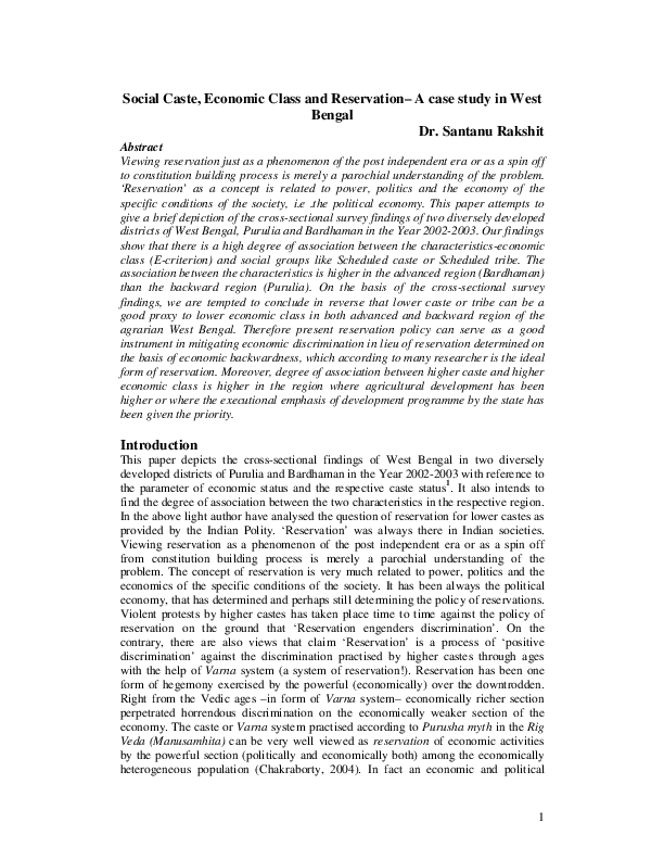 (PDF) Social Caste, Economic Class and Reservation– A case study in ...