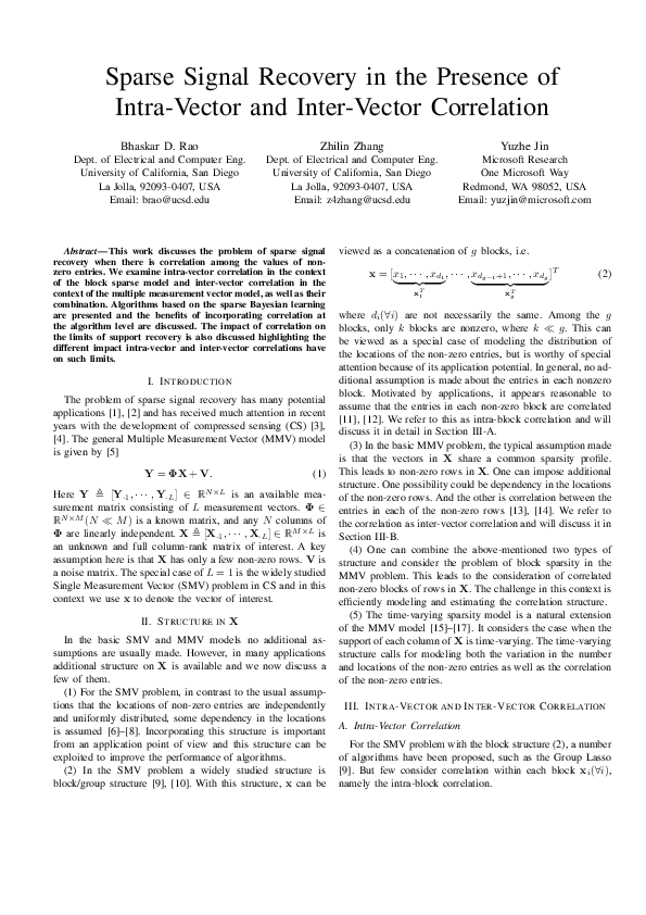 (PDF) Sparse Signal Recovery in the Presence of Intra-Vector and Inter-Vector Correlation
