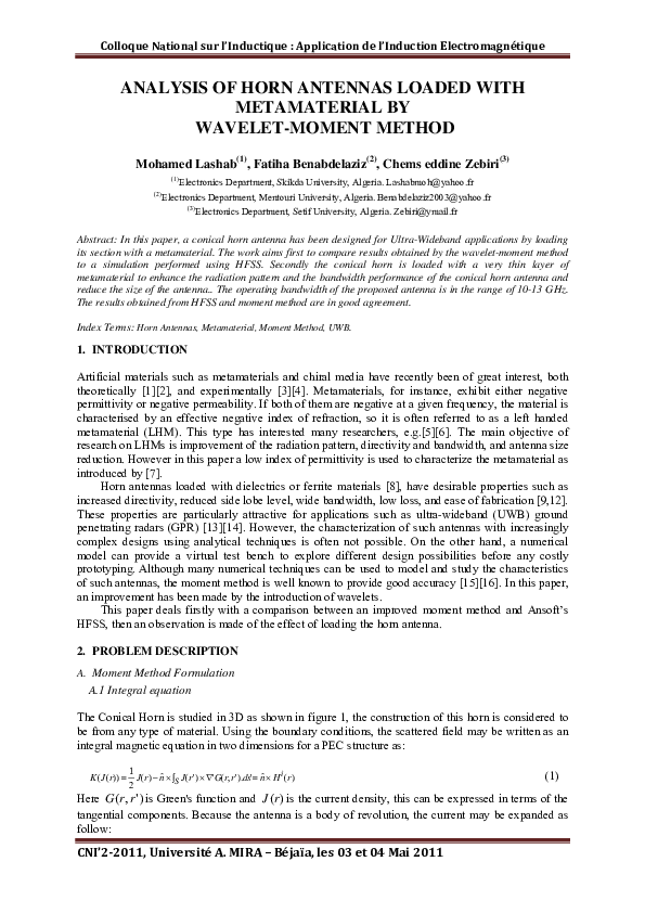 (PDF) ANALYSIS OF HORN ANTENNAS LOADED WITH METAMATERIAL BY WAVELET-MOMENT METHOD