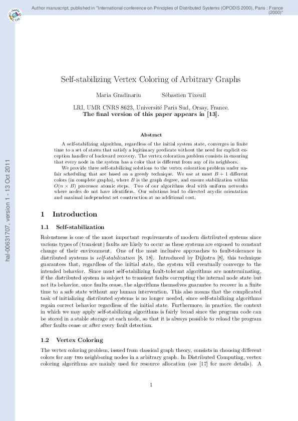 (PDF) Self-stabilizing Vertex Coloring of Arbitrary Graphs