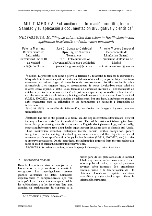 (PDF) MULTIMEDICA: Extracción de información multilingüe en Sanidad y su aplicación a ...