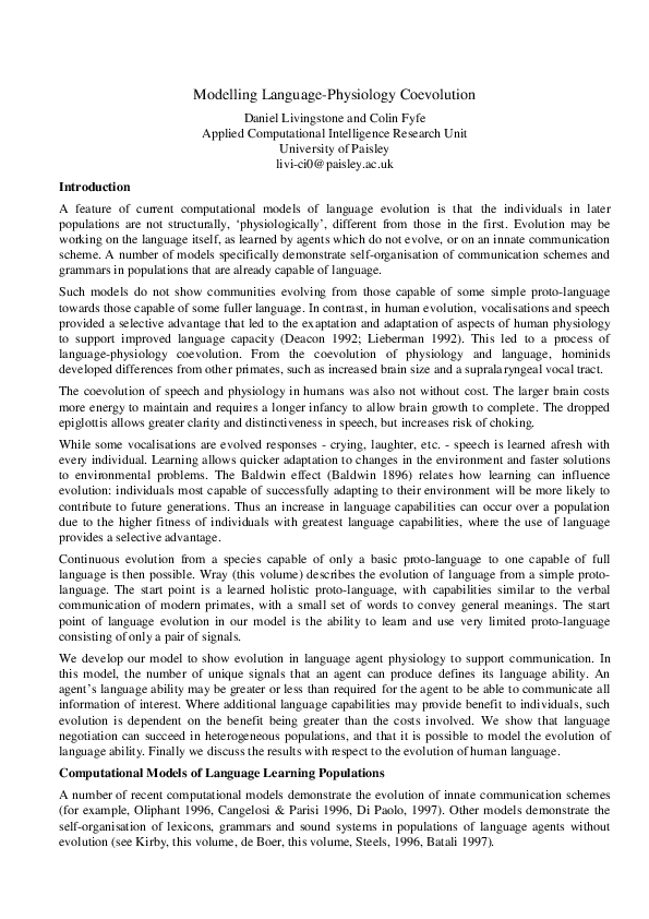 (PDF) Modelling Language-Physiology Coevolution