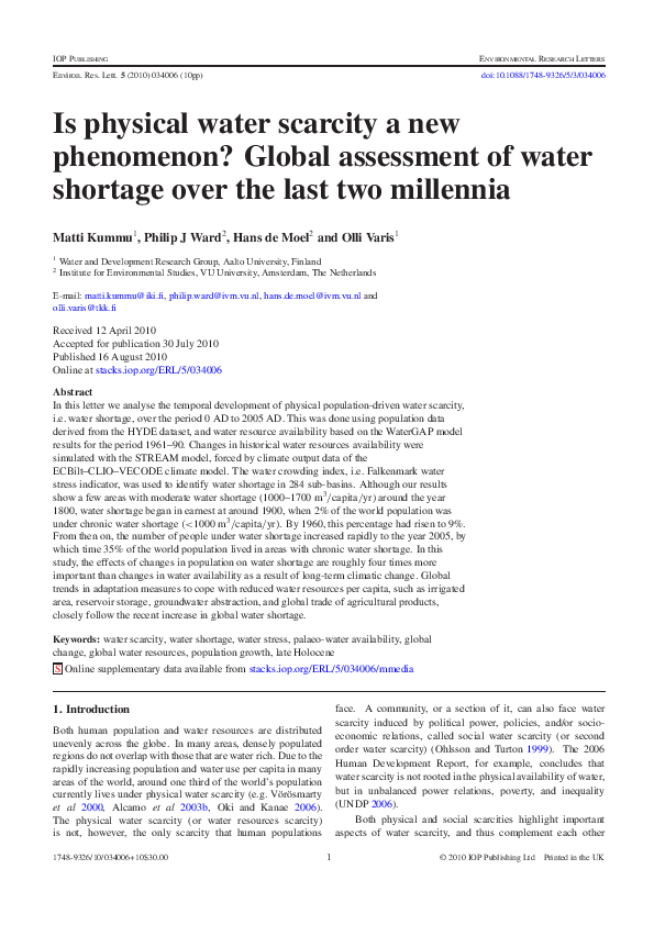 (PDF) Is physical water scarcity a new phenomenon? Global assessment of ...