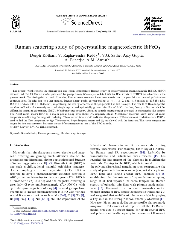 (PDF) Raman scattering study of polycrystalline magnetoelectric BiFeO3