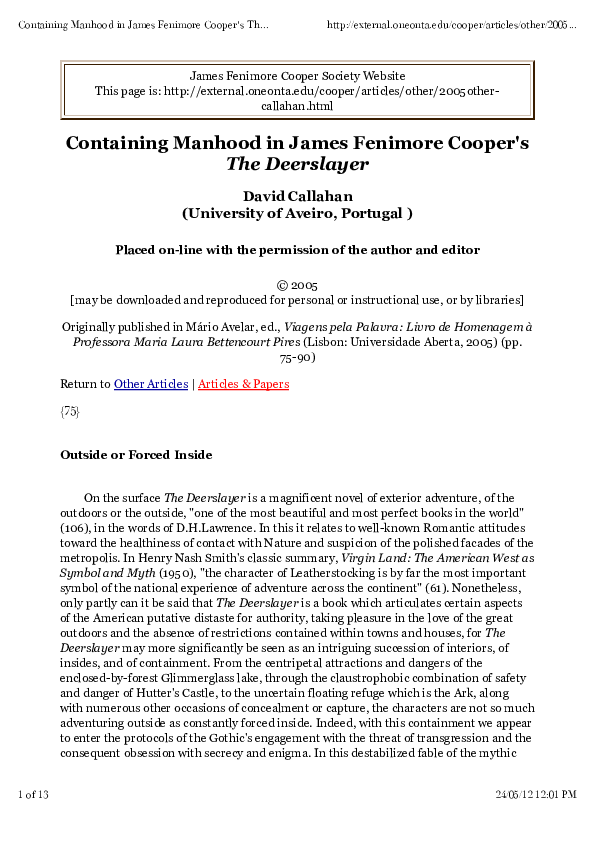 (PDF) "Containing Manhood in James Fenimore Cooper's The Deerslayer"