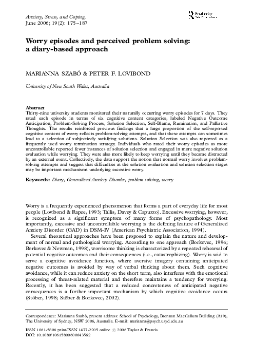 (PDF) Worry Episodes and Perceived Problem Solving: A Diary-Based Approach